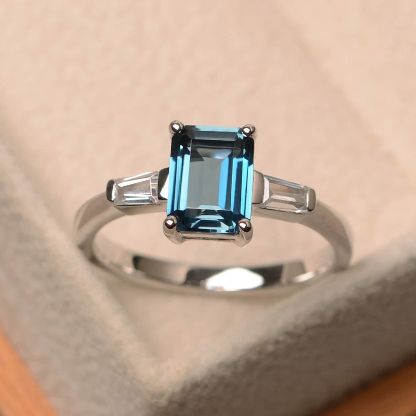 Genuine London Blue Topaz Ring Emerald Cut Three Stone Ring | Etsy