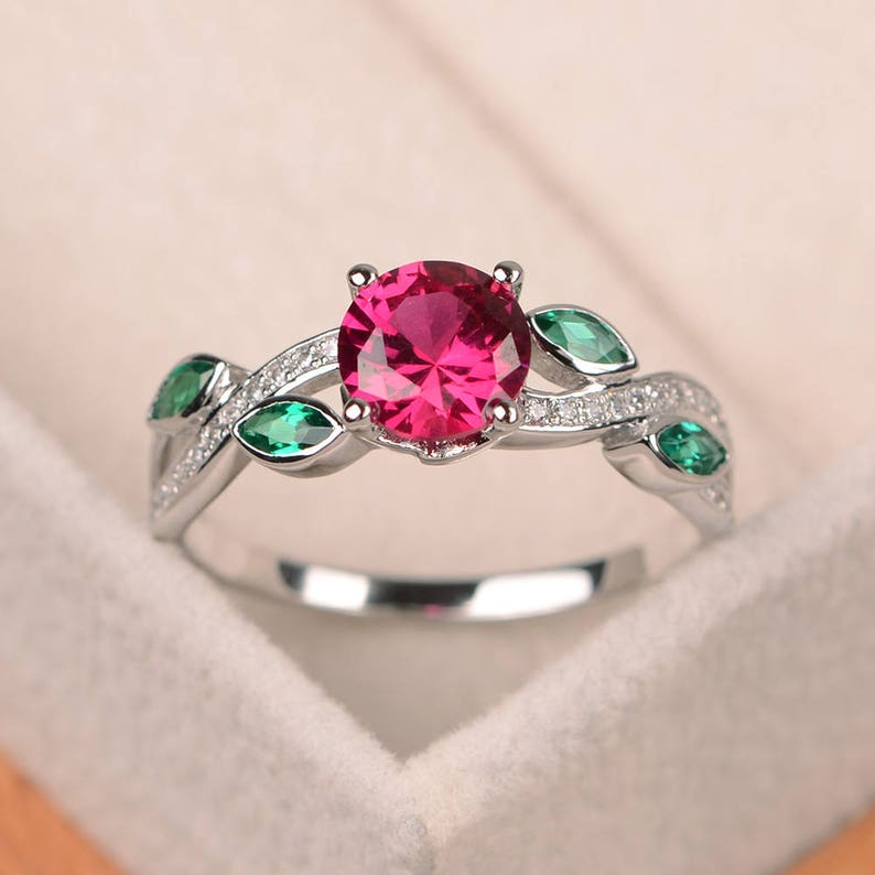 Ruby Ring Leaf Ring Round Ruby Engagement Ring Sterling - Etsy
