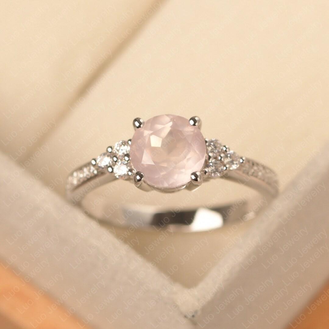 Real Natural Rose Quartz Engagement Ring, Pink Quartz, Round Cut, Solid ...