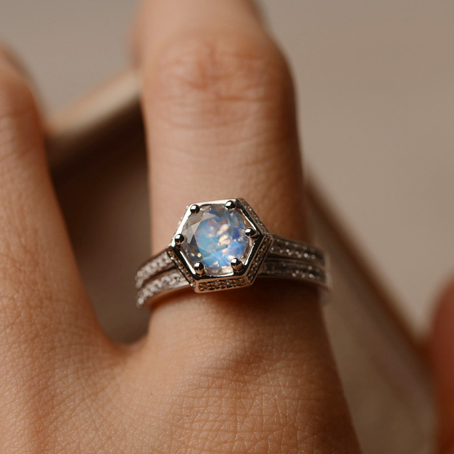 Moonstone Engagement Ring Blue Moonstone Ring Set Faceted - Etsy
