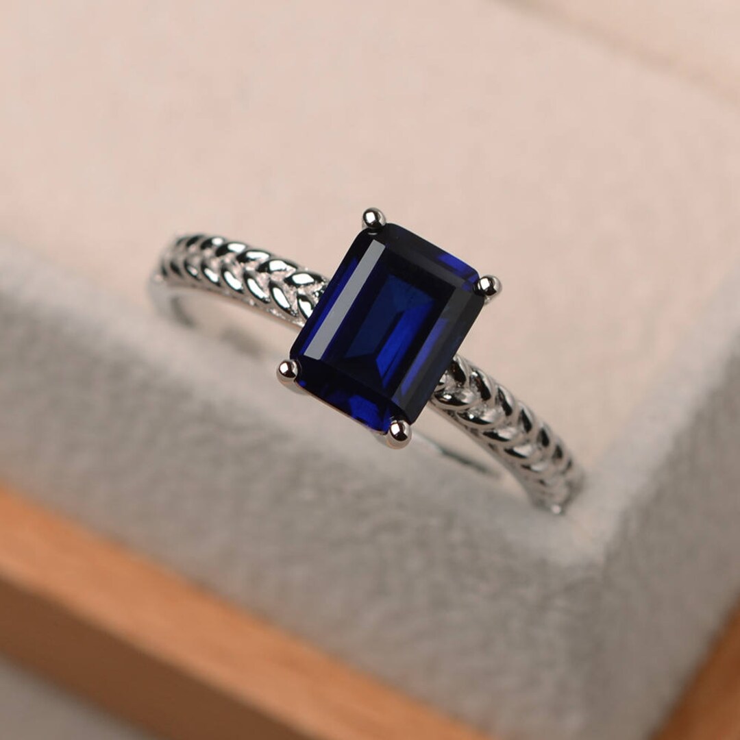 Blue Sapphire Ring, Anniversary Ring, Emerald Cut Blue Gemstone ...