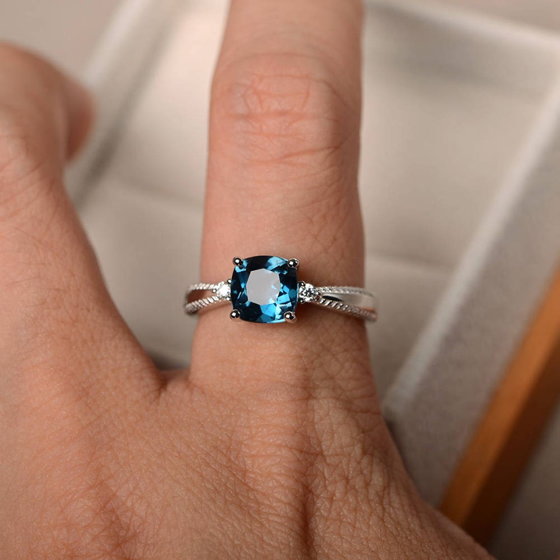 Real London Blue Topaz Ring Cocktail Ring Cushion Cut - Etsy