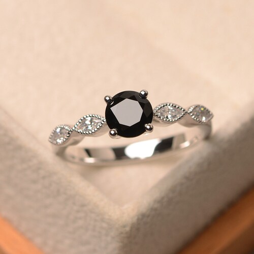 Natural Black Spinel Rings Proposal Rings Round Cut Black - Etsy