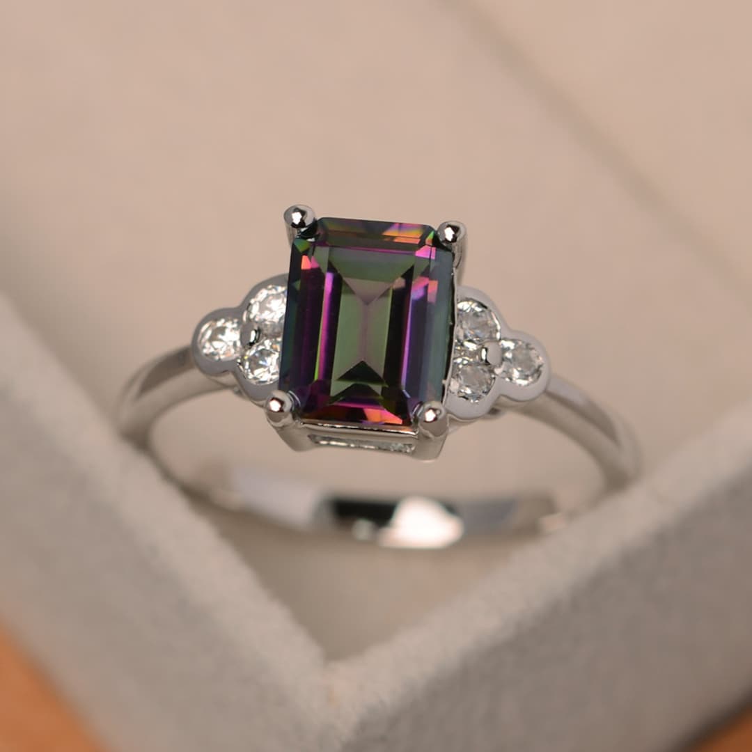 Mystic Topaz Ring, Rainbow Mystic Topaz Ring, Emerald Cut, Silver Rings ...