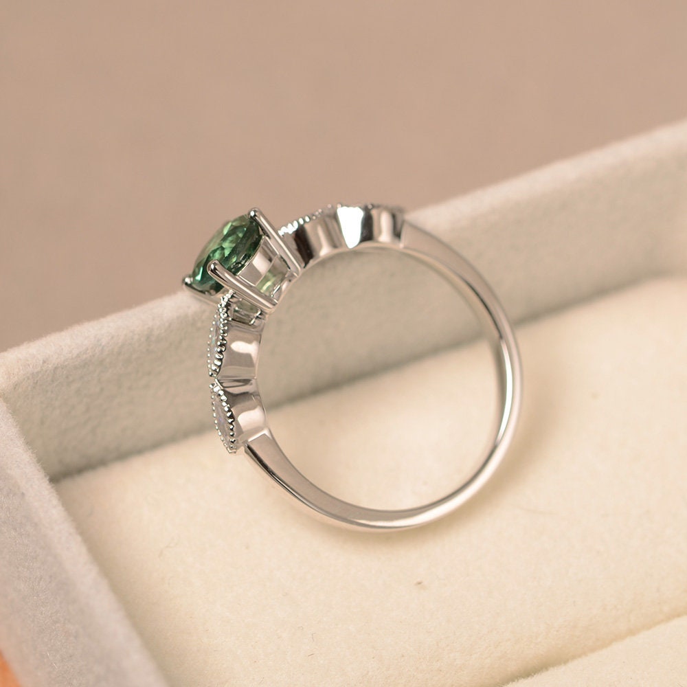 Lab Green Sapphire Ring Sterling Silver Engagement Ring - Etsy