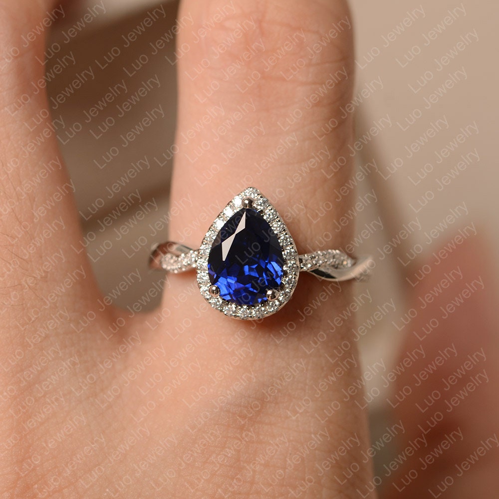 Blue Sapphire Ring White Gold Engagement Ring pear Cut | Etsy