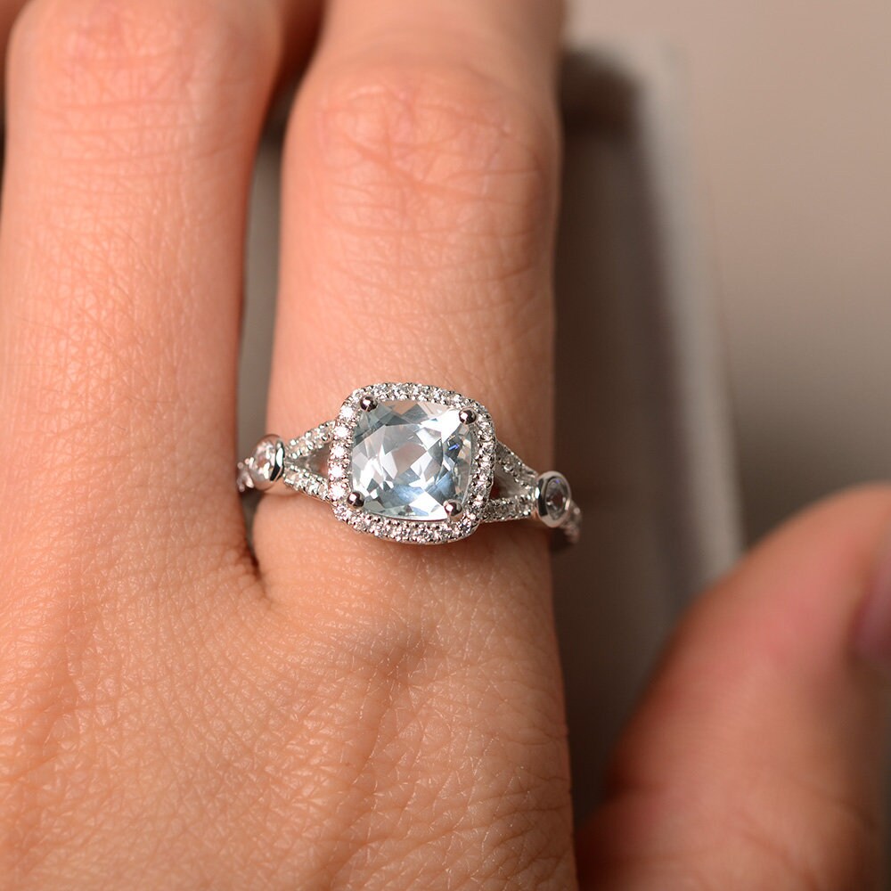 Aquamarine Ring Cushion Cut Engagement Ring Wedding Ring - Etsy
