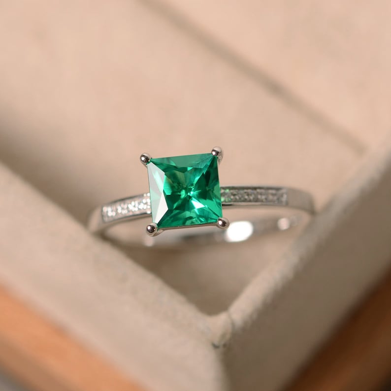 Emerald Engagement Ring Sterling Silver Princess Cut Emerald - Etsy