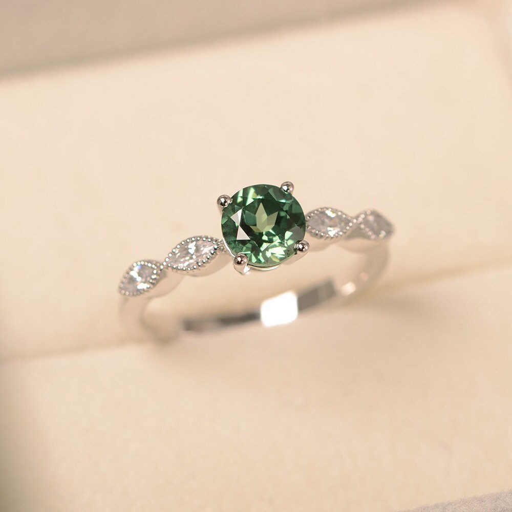 Lab Green Sapphire Ring Sterling Silver Engagement Ring - Etsy