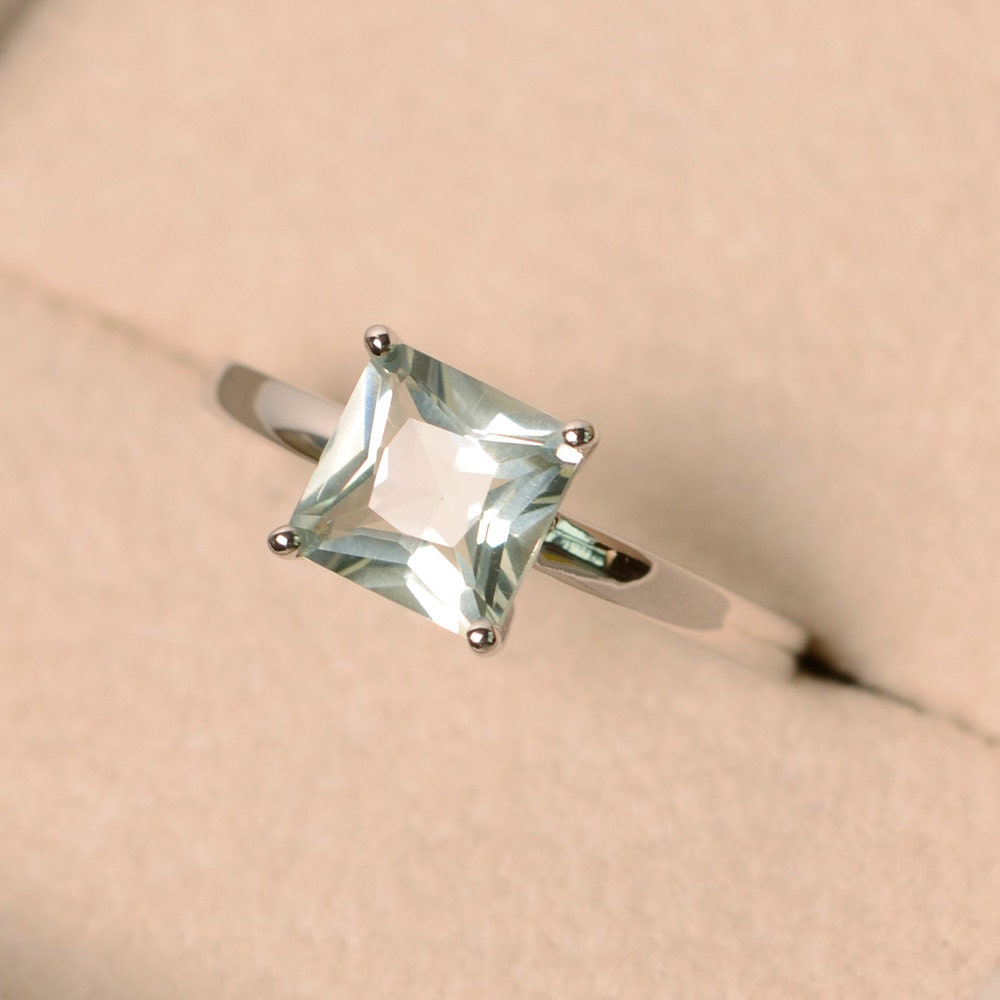 Green Amethyst Ring, Princess Cut Ring, Crystal Ring, Sterling Silver ...