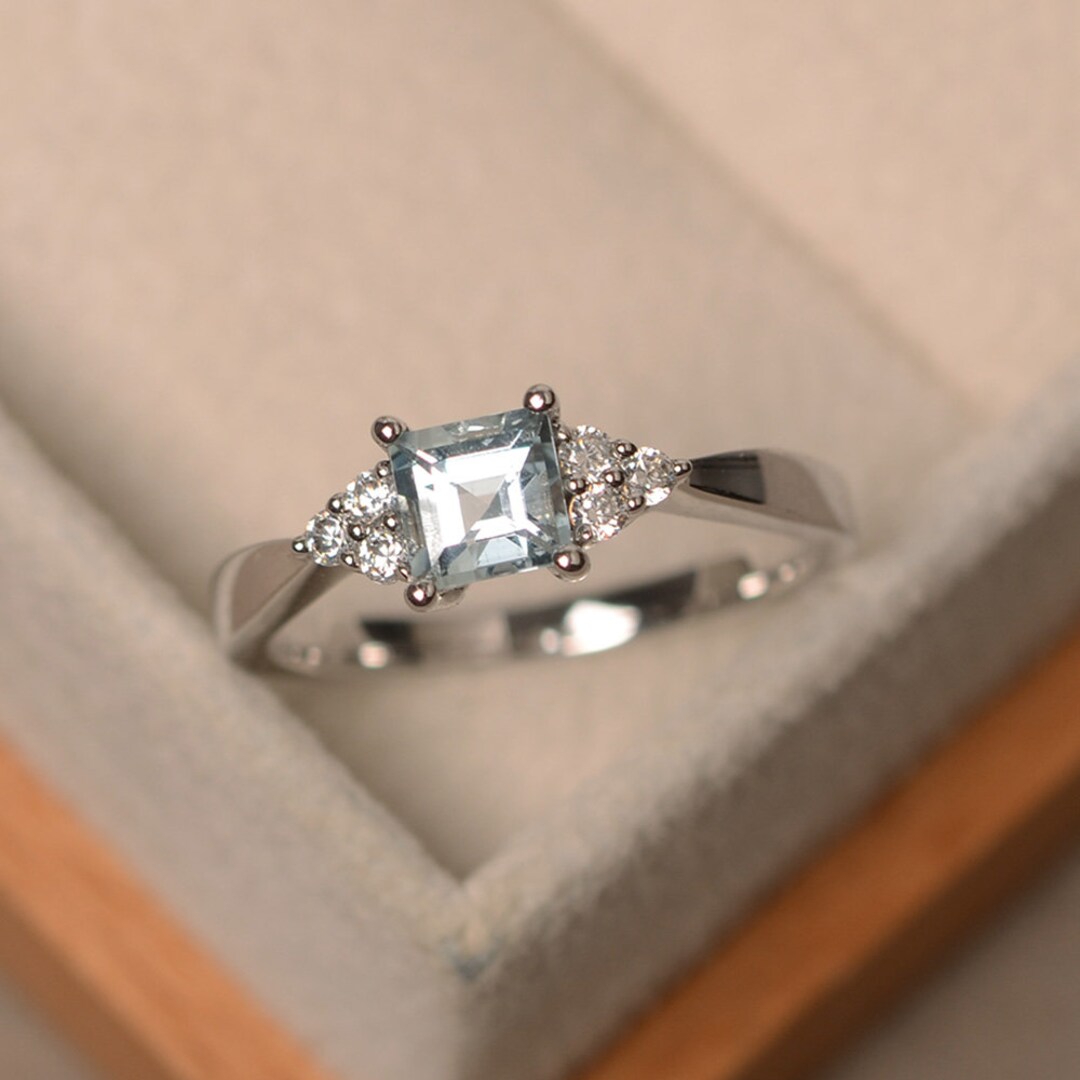 Aquamarine Engagement Ring, Square Shape, Sterling Silver Engagement ...