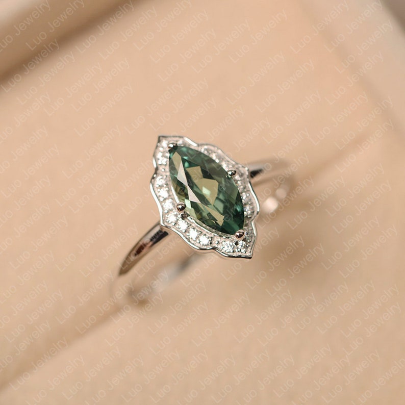 Lab Green Sapphire Ring White Gold Wedding Ring Marquise - Etsy