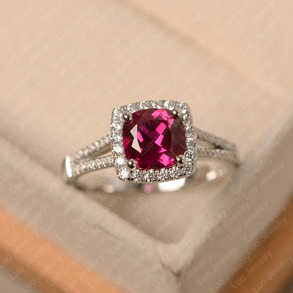Lab Ruby Ring Sterling Silver Halo Engagement Ring Cushion - Etsy