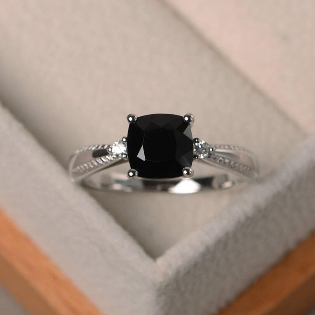 Unique Engagement Rings, Natural Black Spinel Cushion Cut Rings, Black ...