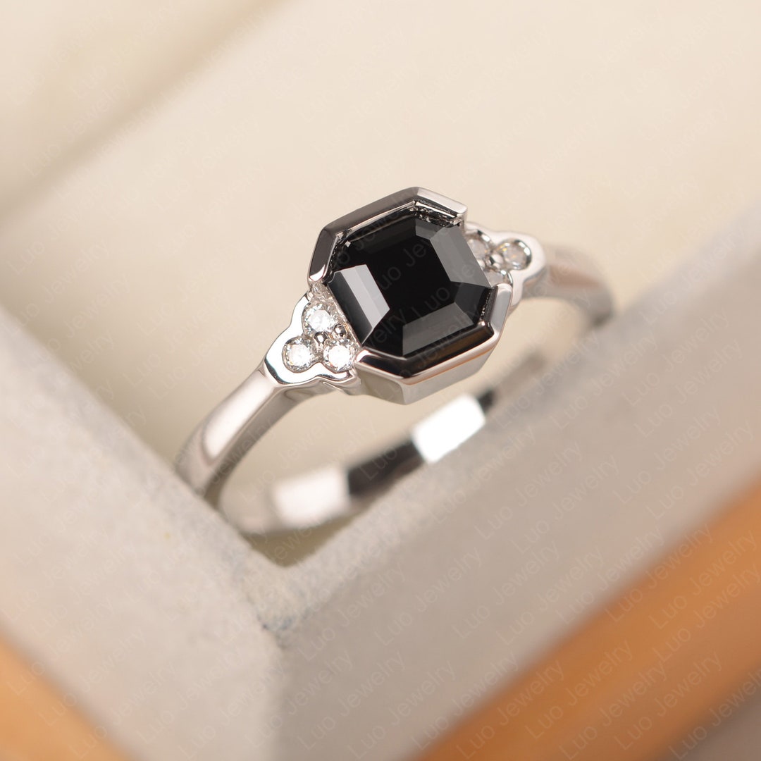 Genuine Black Spinel Ring, Unique Engagement Ring,asscher Cut, Black ...
