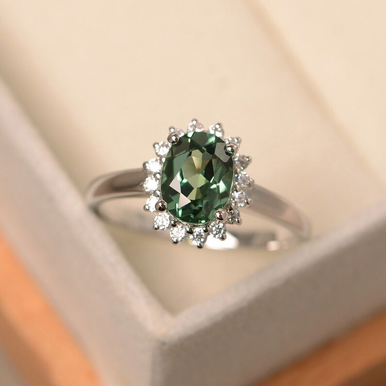 Lab Green Sapphire Ring Oval Cut Gems White Gold Wedding - Etsy