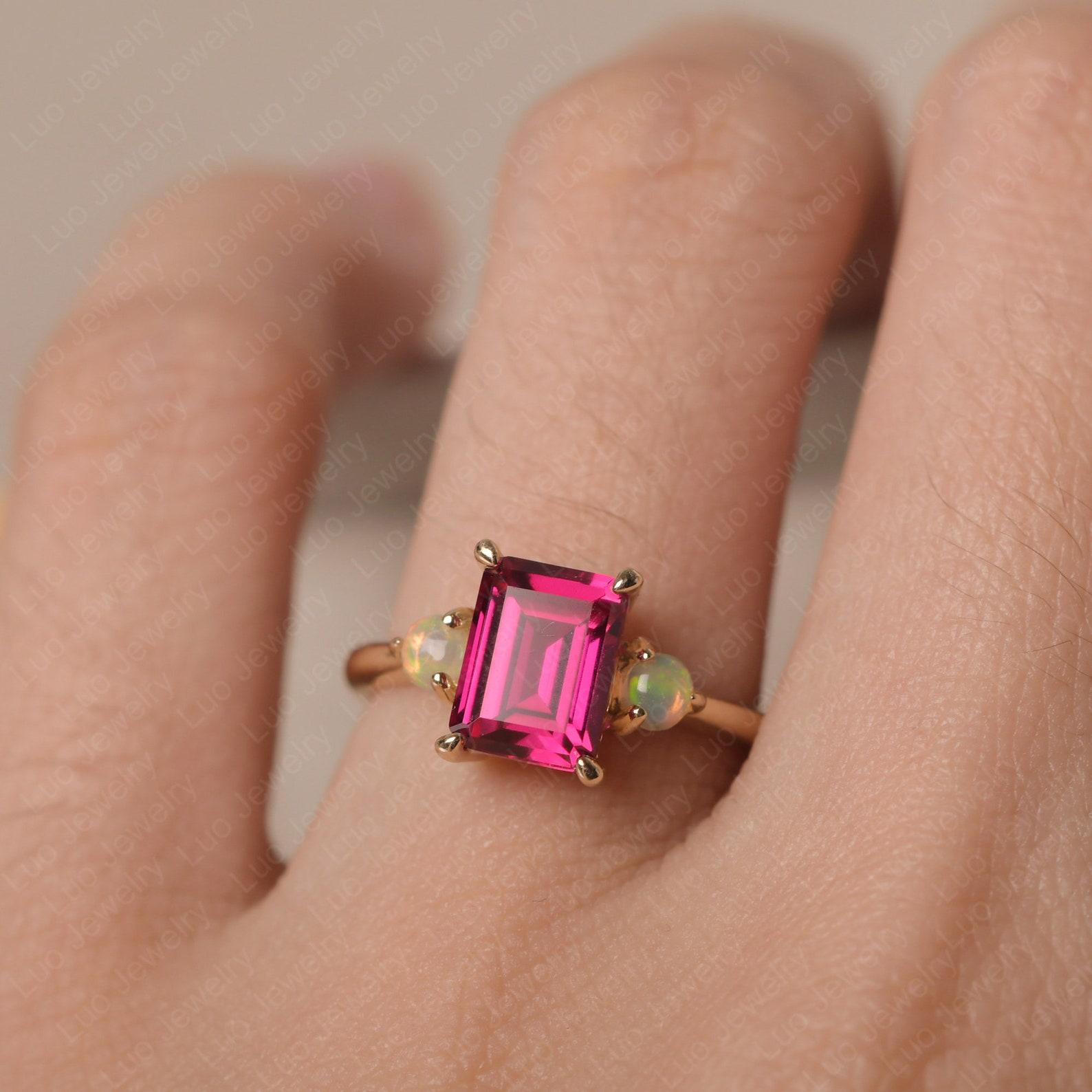 Vintage Ruby and Opal Engagement Ring Emerald Cut Three - Etsy