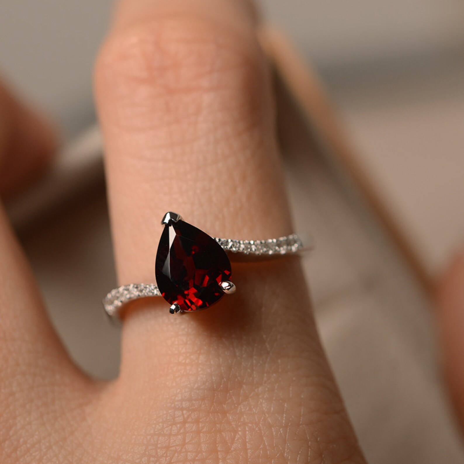 Pear Cut Garnet Ring Engagement Ring Silver Red Gemstone - Etsy