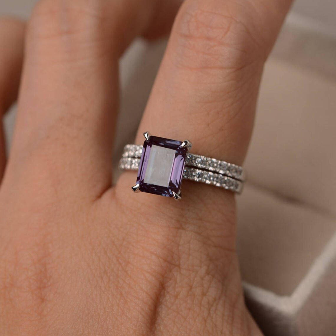 Alexandrite Bridal Set Rings Emerald Cut Color Changing - Etsy