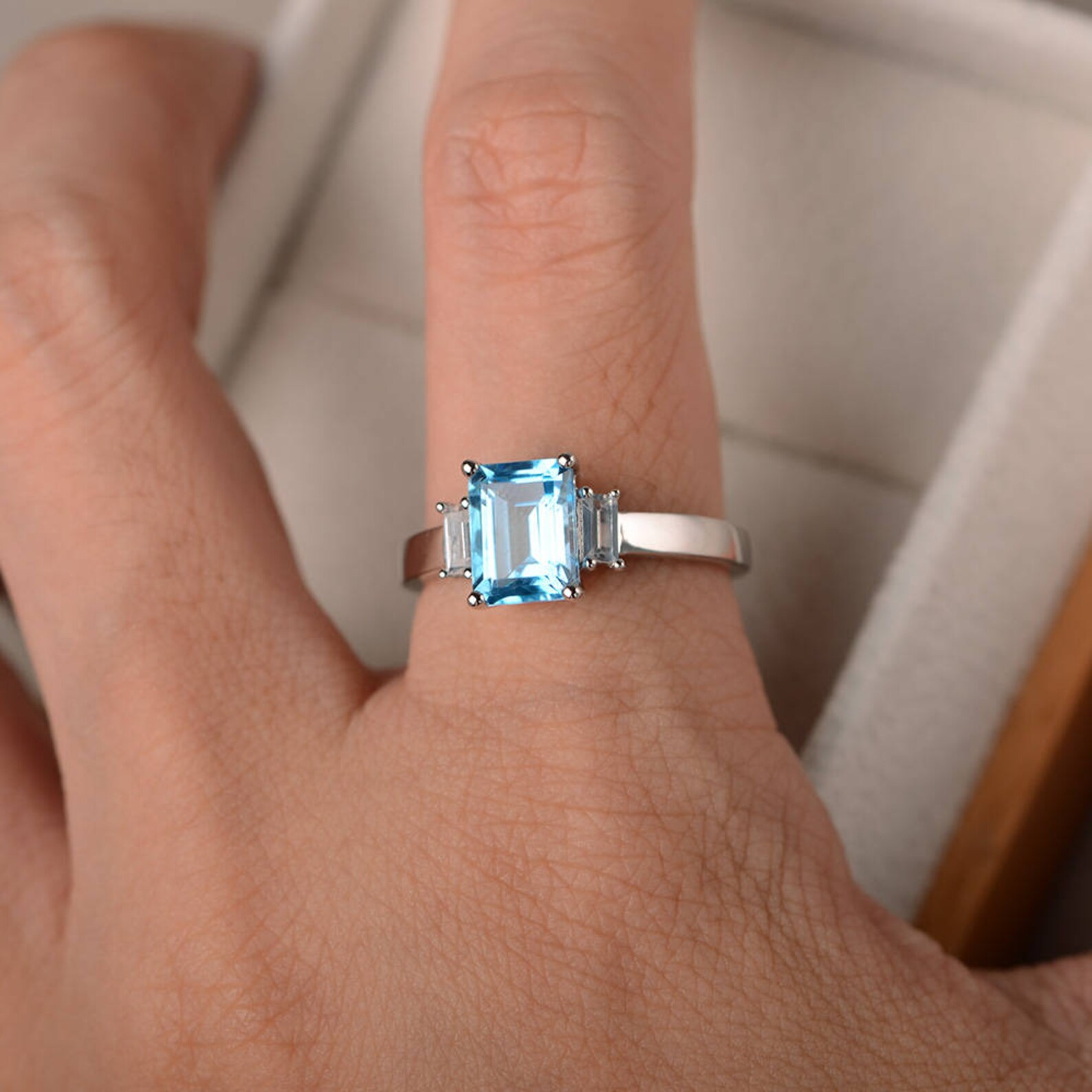Swiss Blue Topaz Ring Wedding Ring Emerald Cut Blue | Etsy