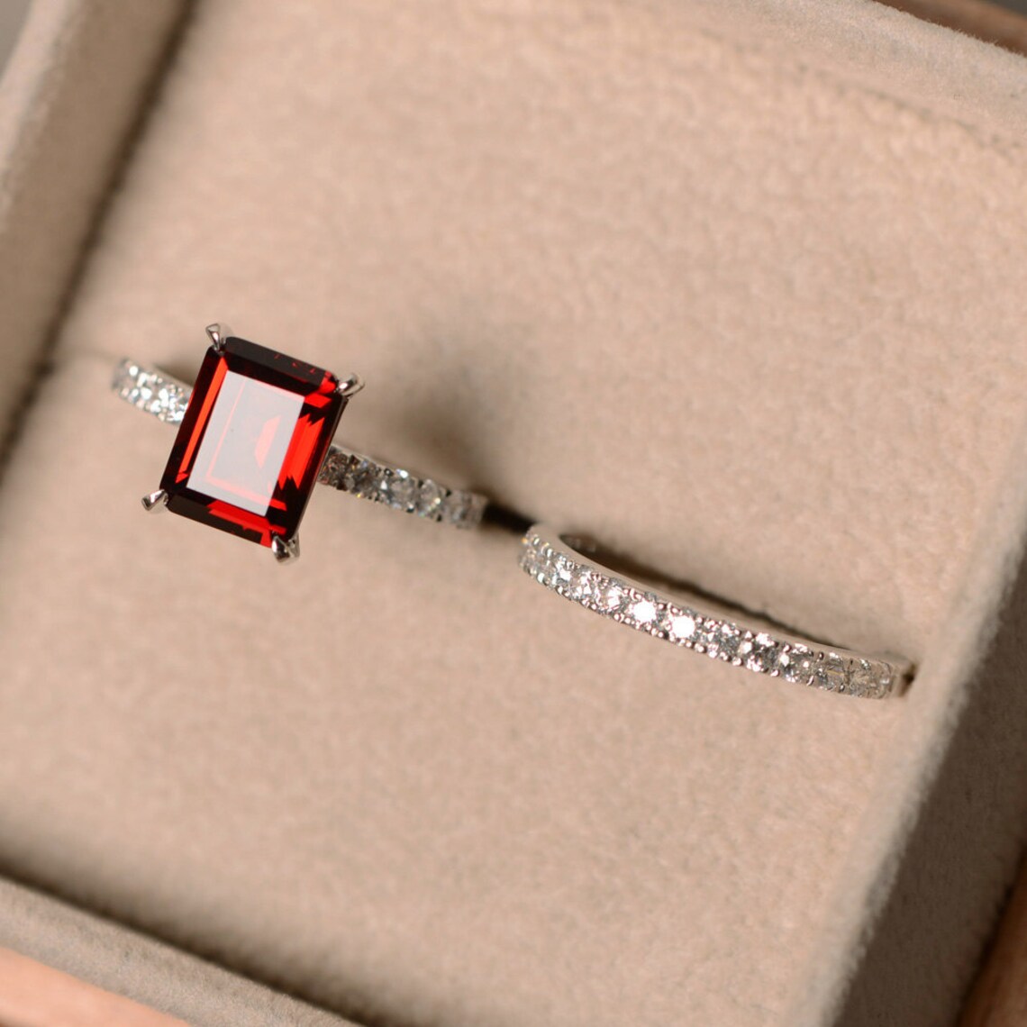 Emerald Cut Garnet Ring Sterling Silver Engagement Ring - Etsy