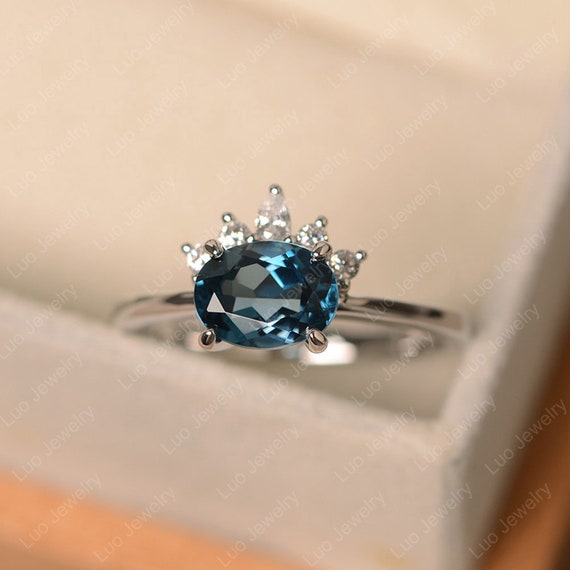 London Blue Topaz Ring Half Halo Ring Sterling Silver Oval - Etsy
