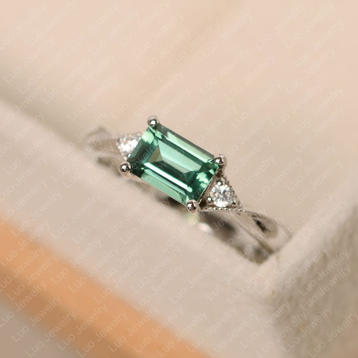 Lab Green Sapphire Ring Emerald Cut Sterling Silver - Etsy