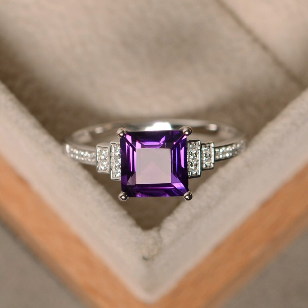 February Birthstone Ring, Amethyst Ring, Square Amethyst, Gemstone Ring ...