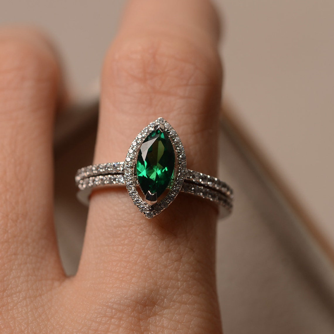 Lab Emerald Ring Silver Engagement Ring May Birthstone - Etsy