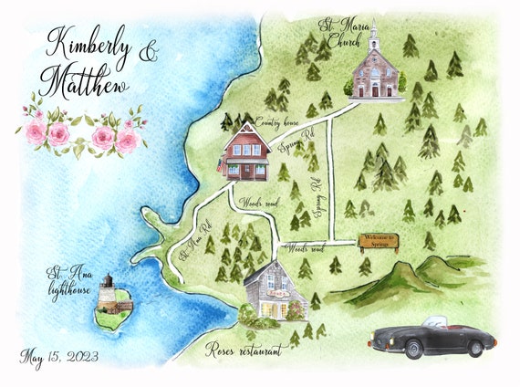 Custom Wedding Mapwedding Watercolor Map - Etsy