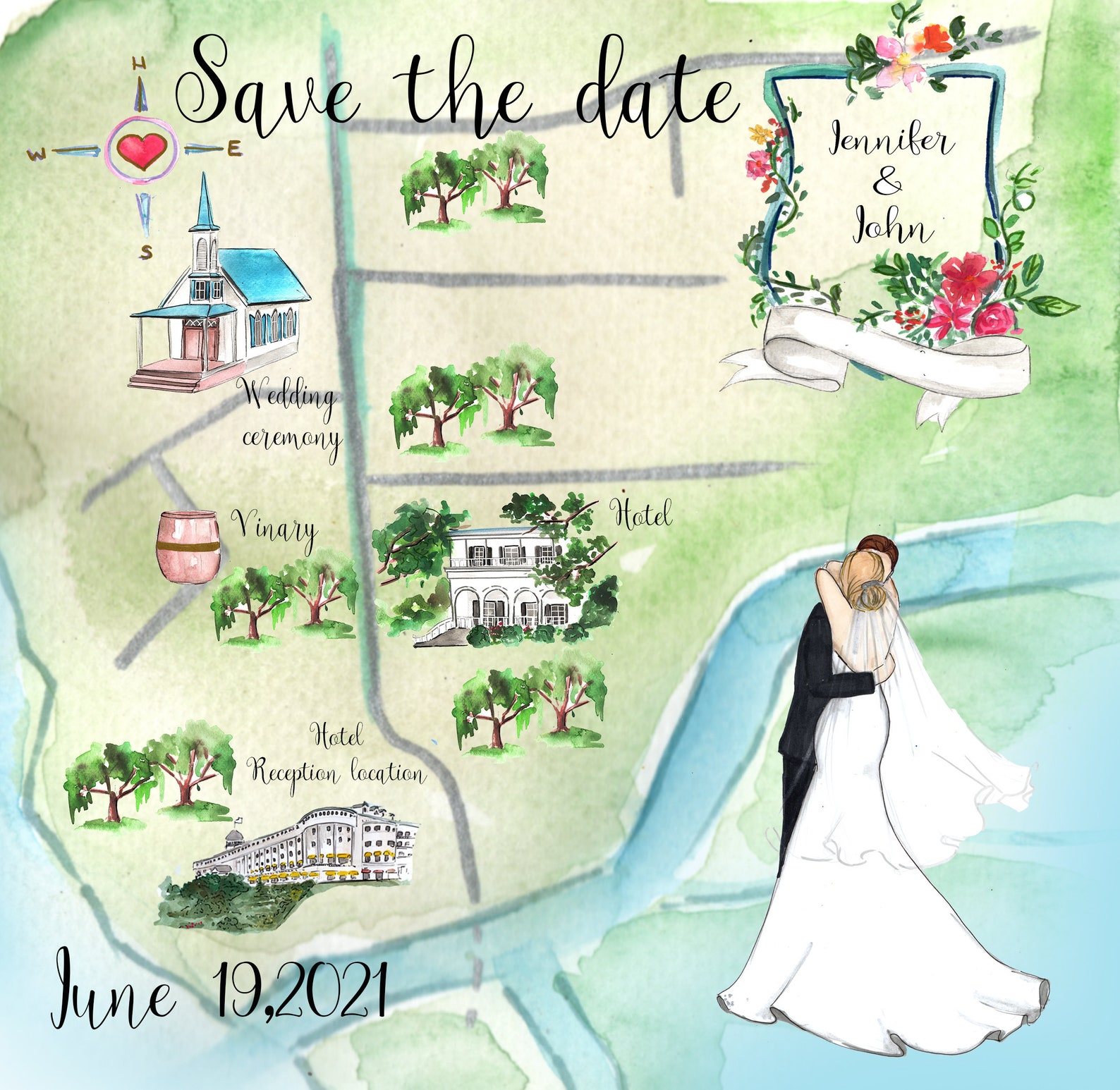 Custom Wedding Mapwedding Watercolor Map - Etsy