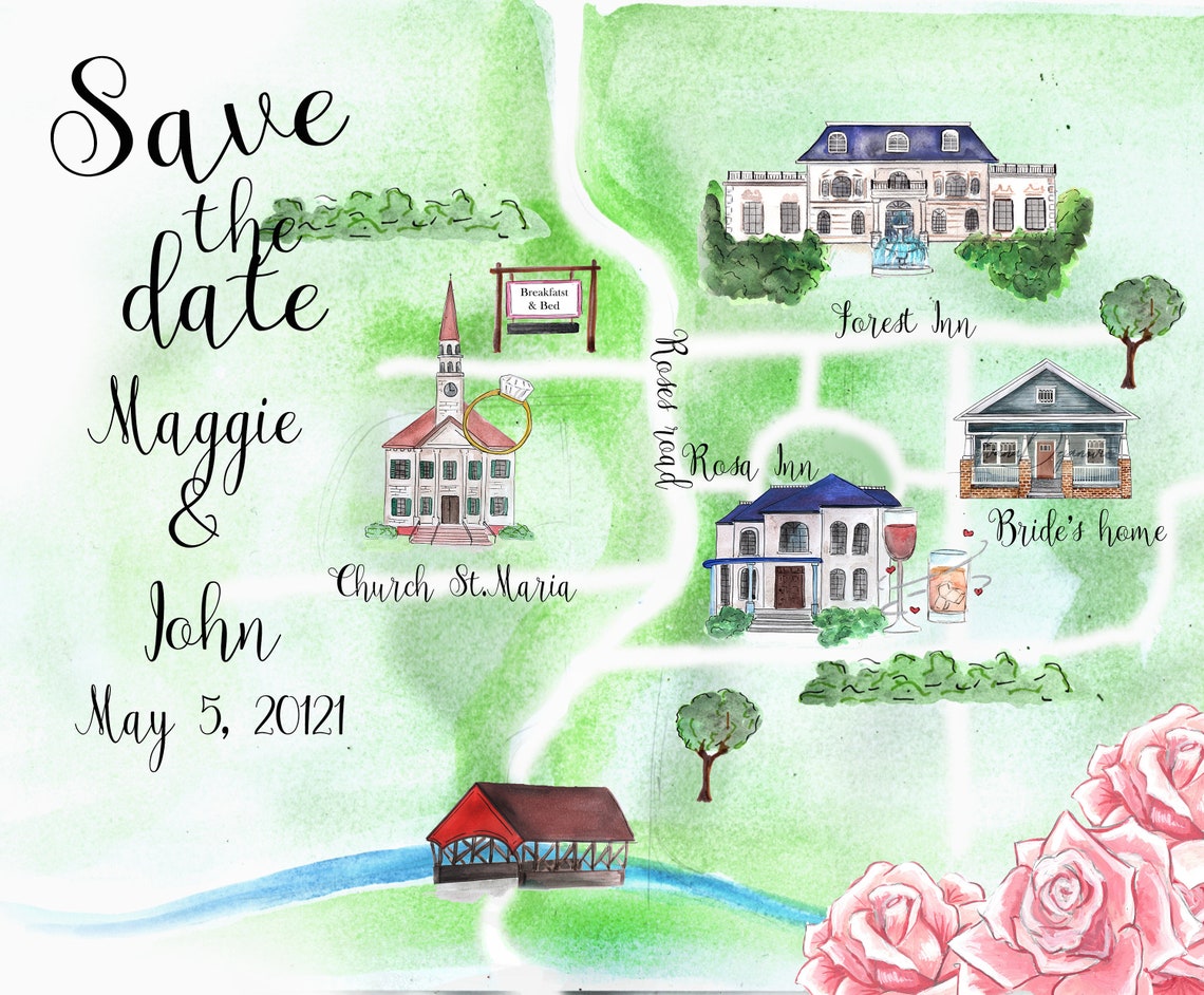 Custom Wedding Mapwedding Watercolor Map - Etsy