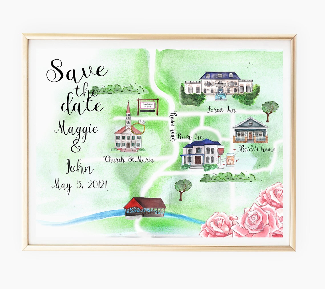 Custom Wedding Mapwedding Watercolor Map - Etsy