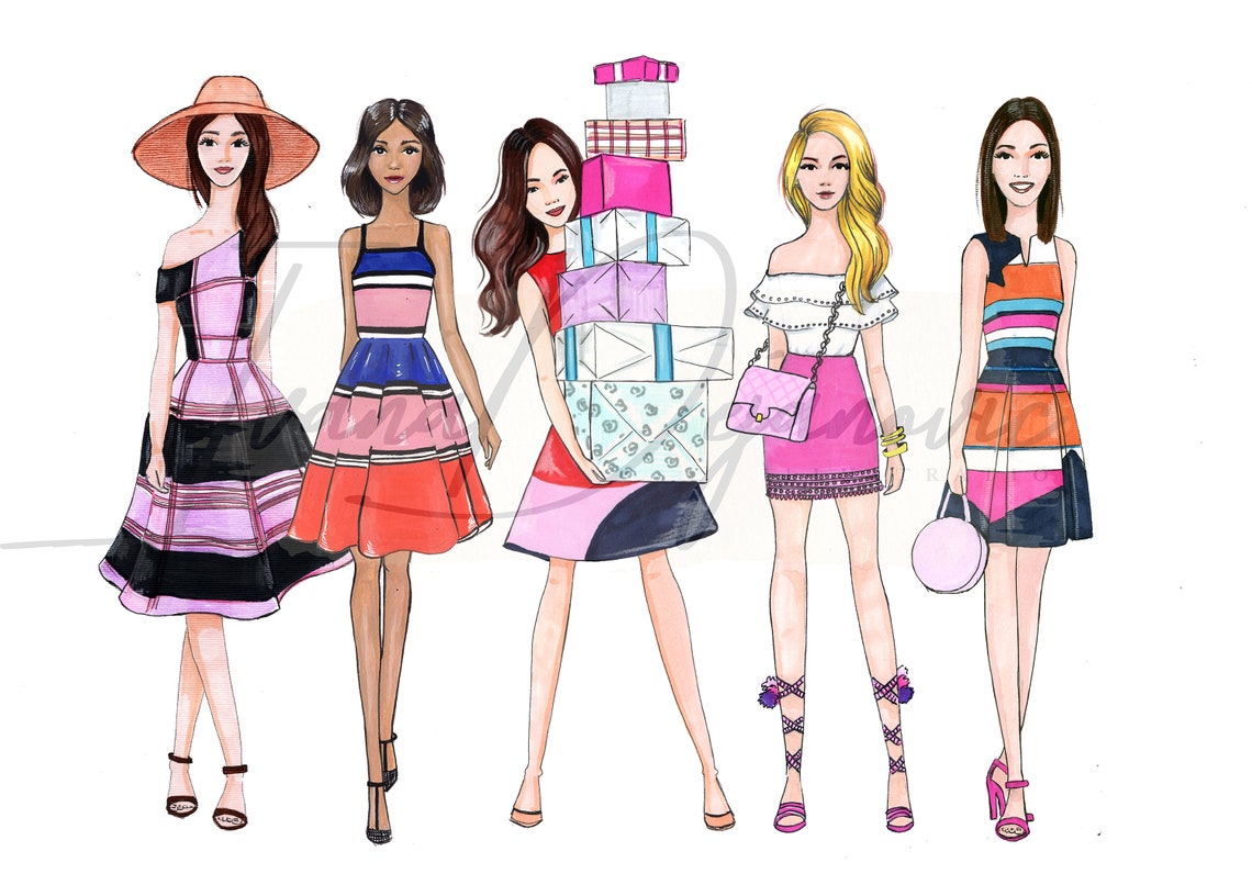 Pink Squad Fashion Illustration Print: Fashion Sketch Stripes Fashion ...