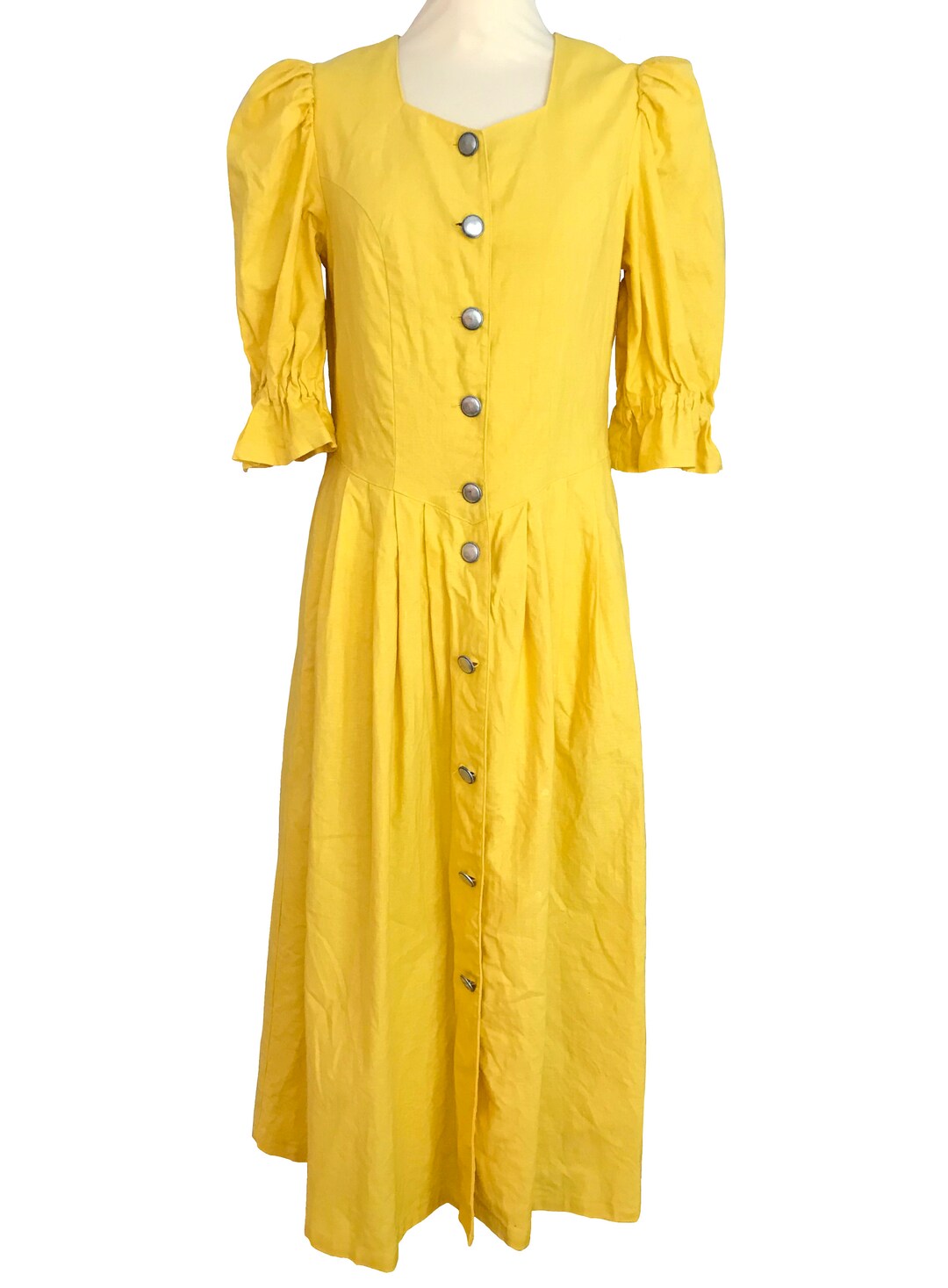 80s Lemon Yellow Linen Dirndl Oktoberfest Bohemian Bavarian Dress ...