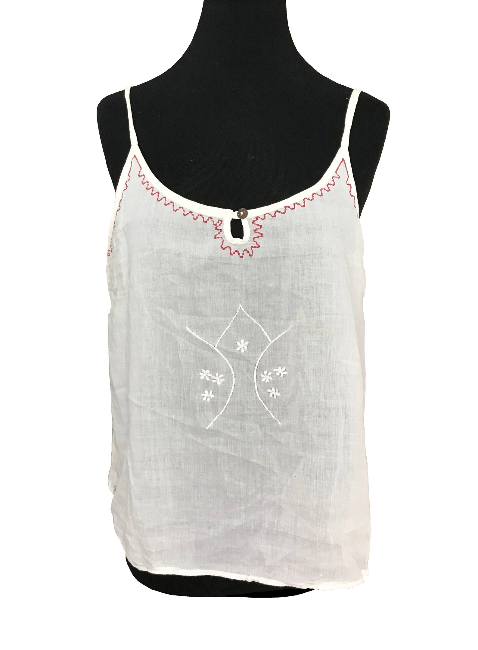 80s Semi Sheer Cotton White Batiste Voile Red Folk Embroidered Summer ...