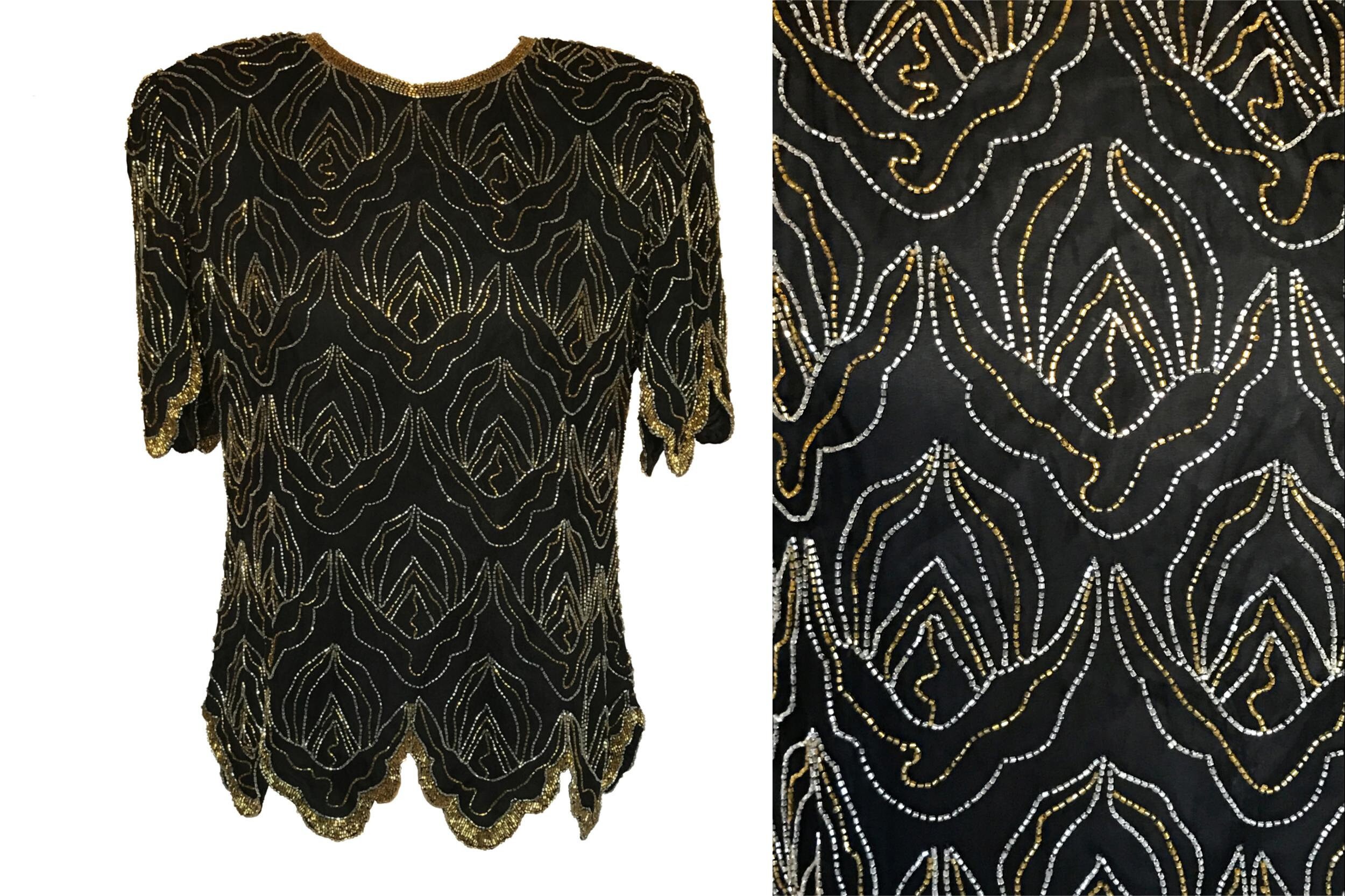 80s Silk Black Silver Gold Beaded Party Top Xmas Sequinned - Etsy