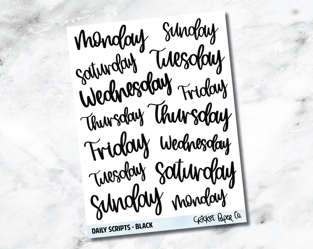 Days of the Week Hand Lettered Script Planner Stickers - Black - Etsy