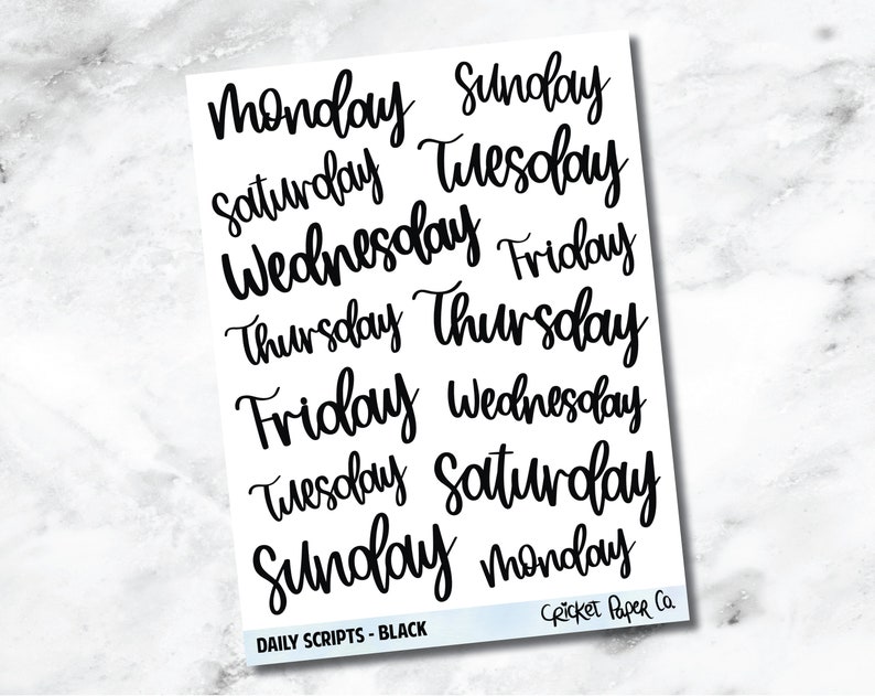 Days of the Week Hand Lettered Script Planner Stickers Black - Etsy