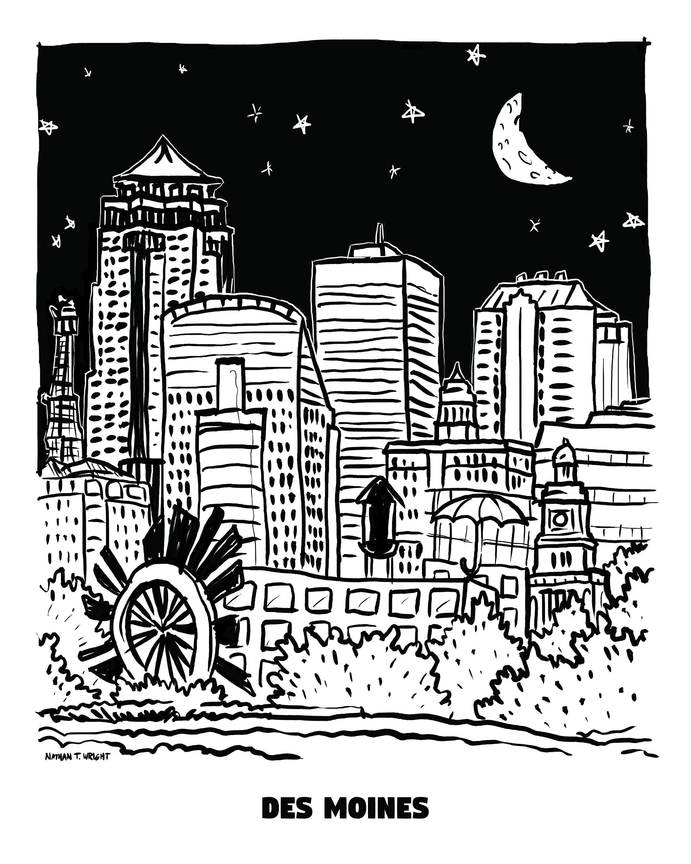 Des Moines Art Skyline Print, Illustration, Iowa, Home Decor, Wall Art ...