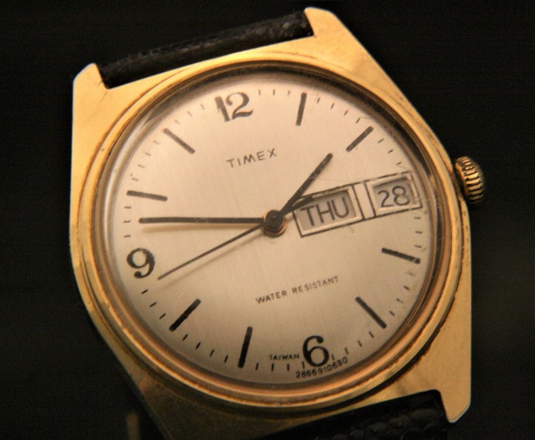 Vintage 1980 Men's Gold Timex Marlin Brushed Silver Dial Day/date ...