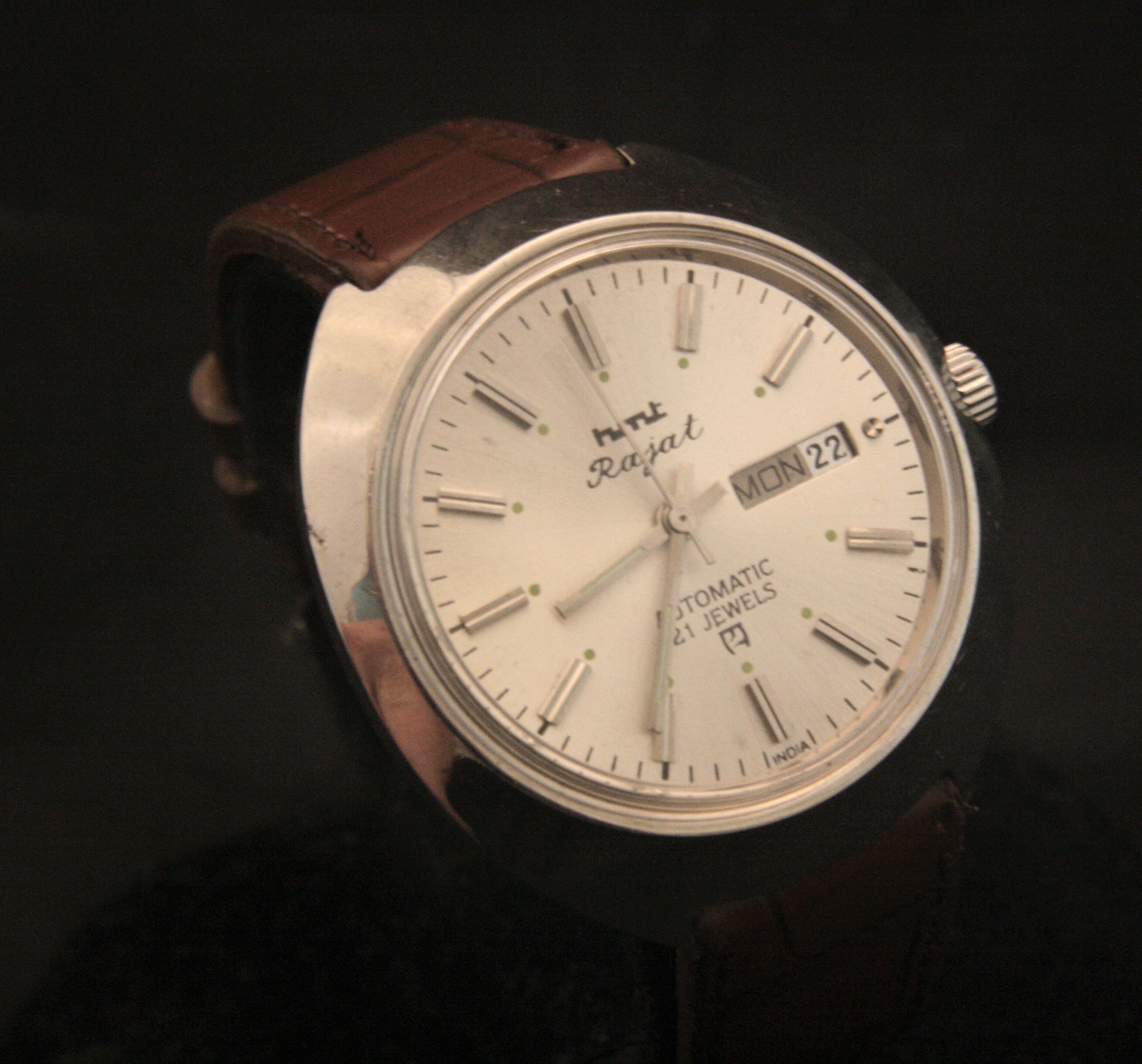 Vintage 1978 men's HMT Rajat silver dial 21 jewel automatic calendar ...