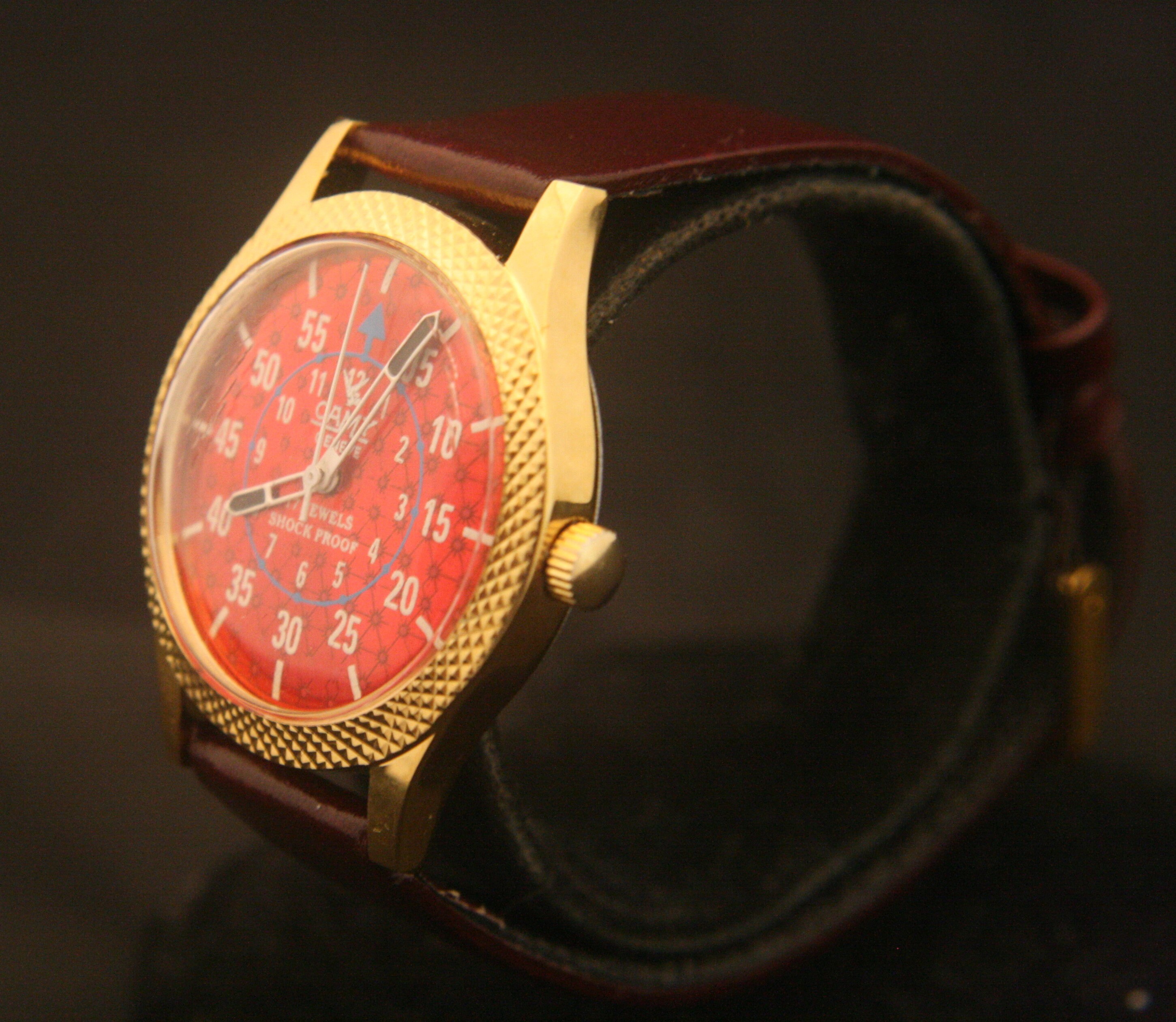 Serviced 1970's signed Camy Geneve red dial 17 jewel Swiss gold dress ...