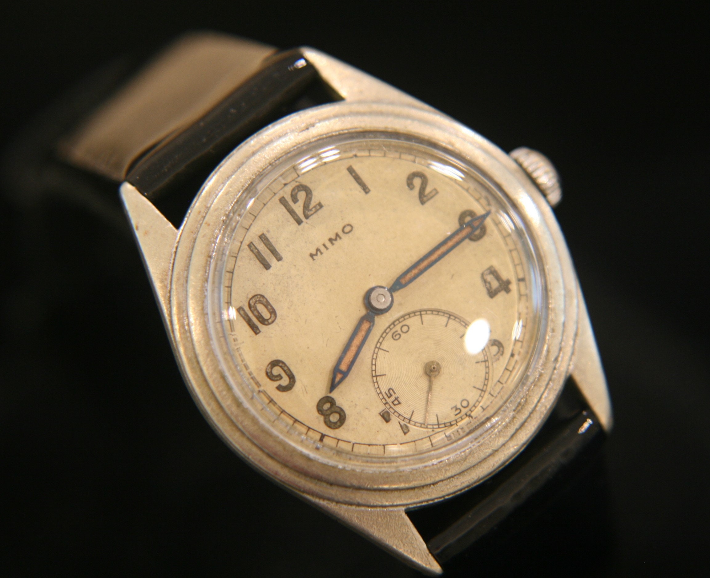 Very rare 1942 men's Swiss MIMO military 9 jewel manual wind wristwatch ...