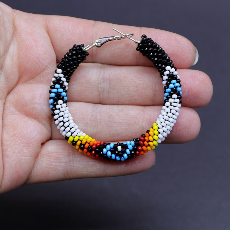 Black Native Americans Inspired Beaded Hoop Earrings, Beadwork, Ethnic ...