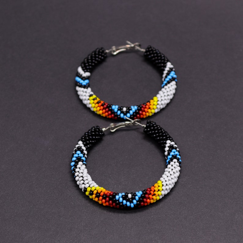 Black Native Americans Inspired Beaded Hoop Earrings, Beadwork, Ethnic ...