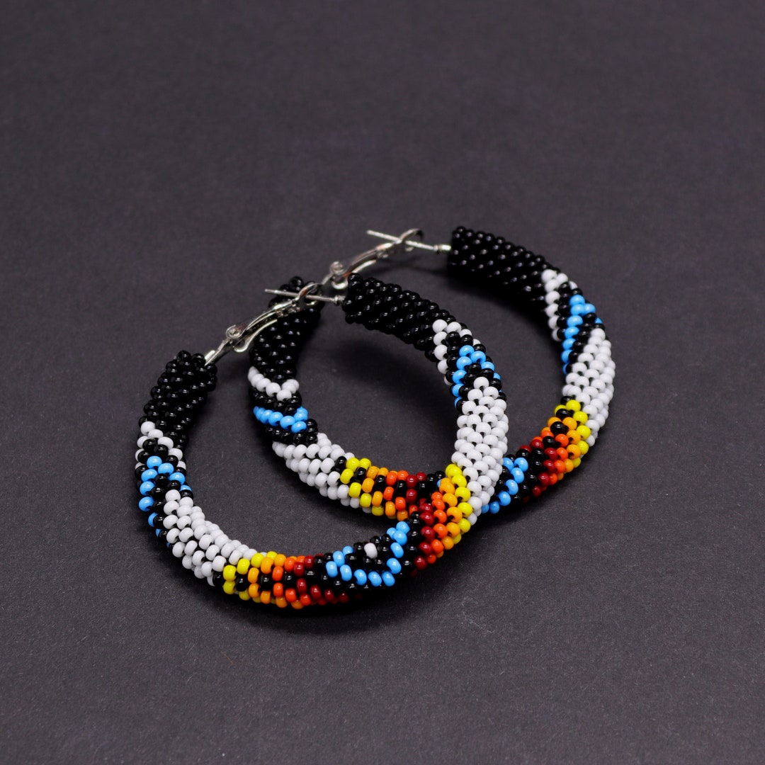 Black Native Americans Inspired Beaded Hoop Earrings, Beadwork Native ...