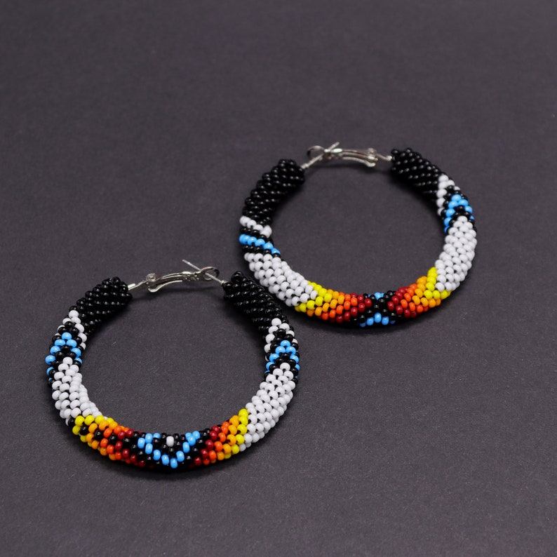 Black Native Americans Inspired Beaded Hoop Earrings, Beadwork Native ...