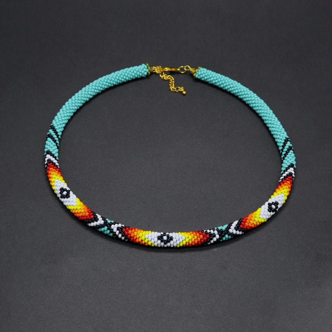 Native American Inspired Beaded Necklace, Colorful Seed Bead Crochet ...