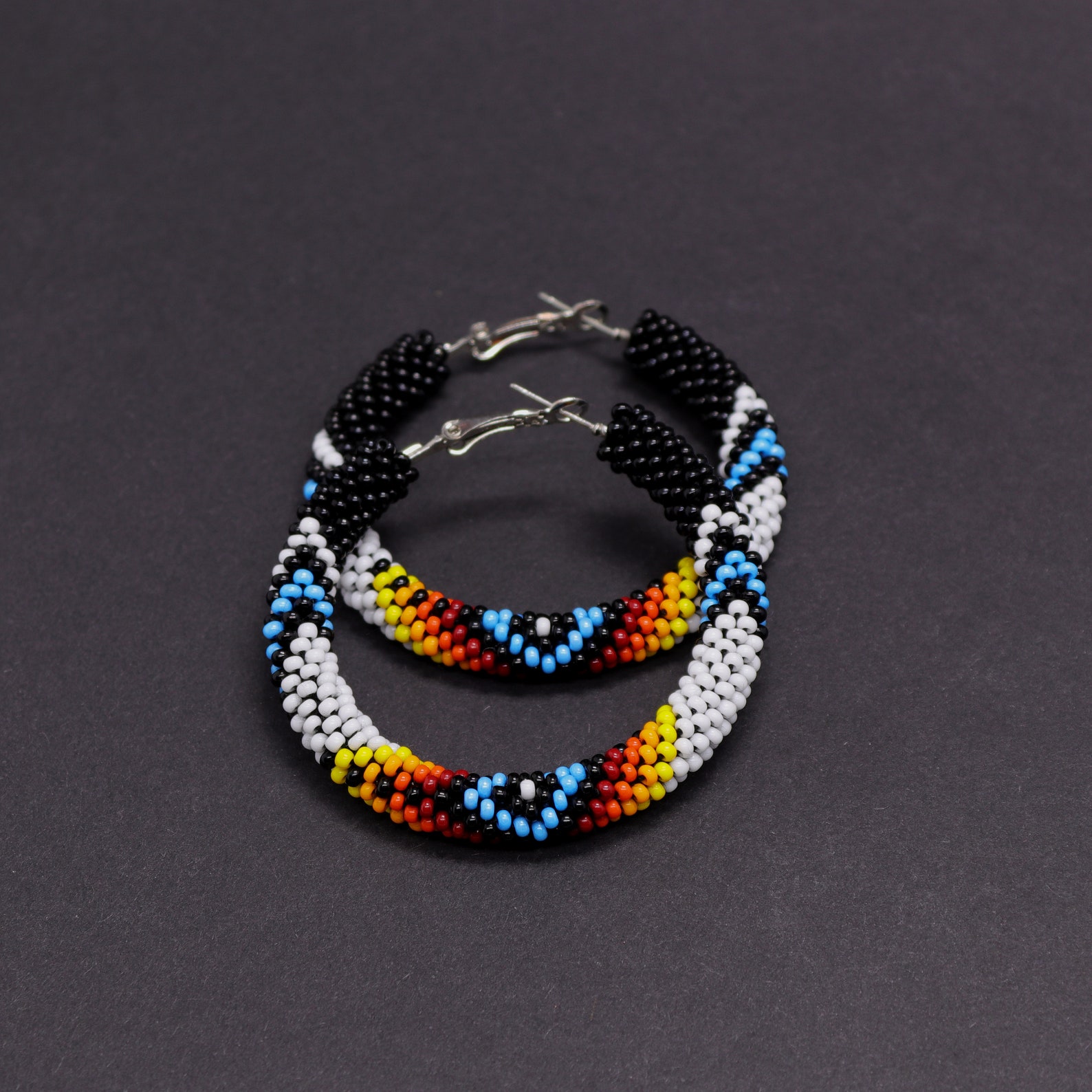 Black Native Americans Inspired Beaded Hoop Earrings, Beadwork, Ethnic ...